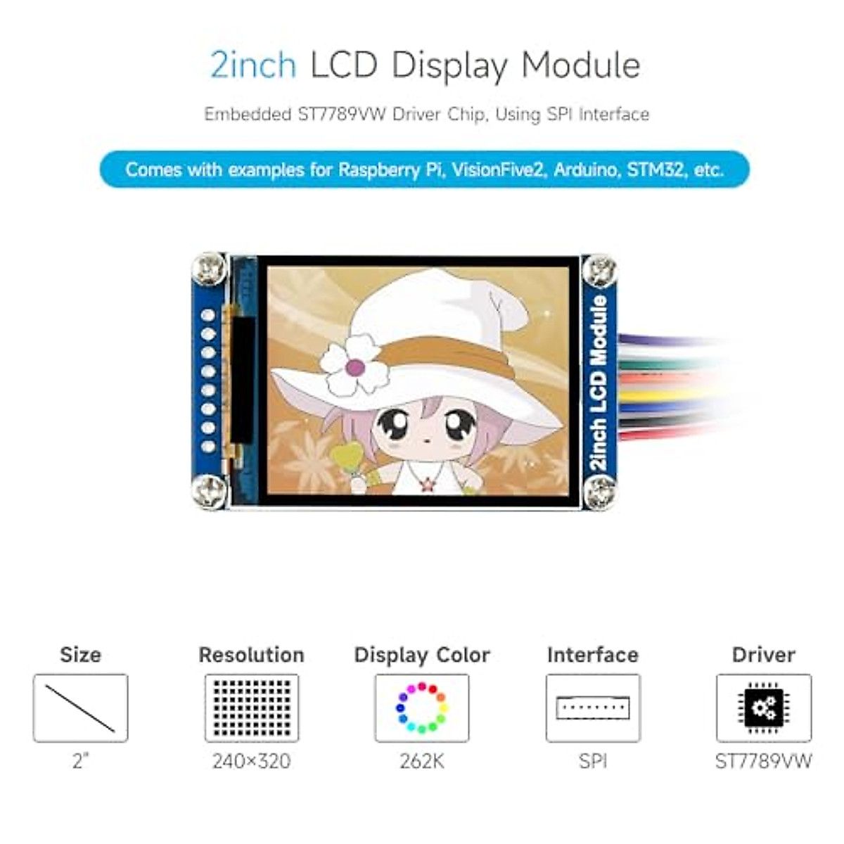 waveshare 2inch LCD Display Module, Compatible with Raspberry Pi/Pi zero/Arduino/Esp32, with ST7789 Driver, 262K Color, IPS Screen, 240×320 Resolution, SPI Interface