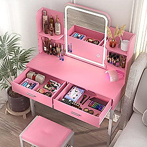 armocity Vanity Desk with LED Lighted Mirror, Makeup Vanity with Cushioned Stool, Vanity Table Set with 3 Color Lighting Options, Modern Dressing Table with 2 Storage Drawers for Bedroom, Pink