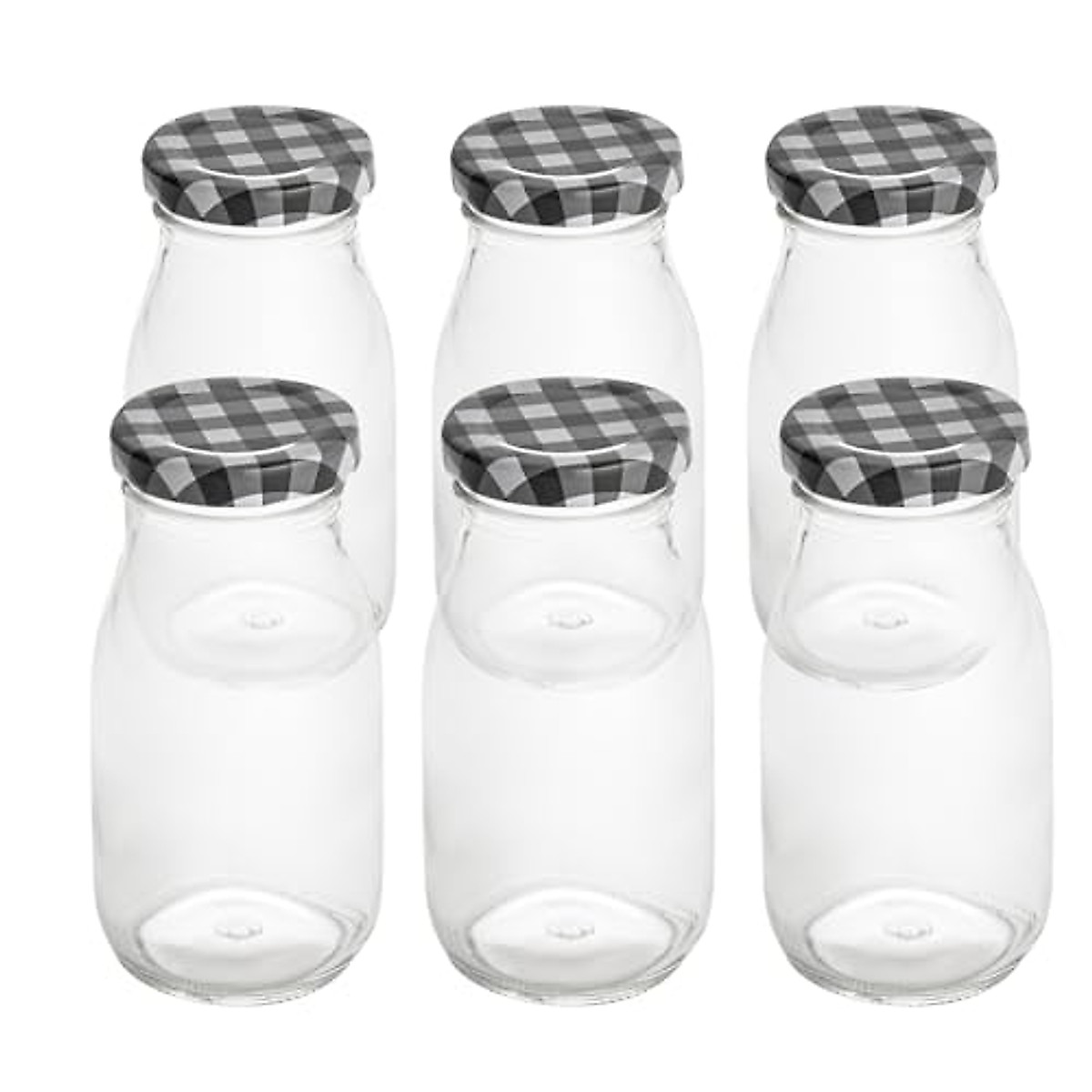 French Countryside 6 Ounce Glass Bottles, 10 Durable Juice Bottles - With Black Plaid Lid, Dishwashable, Clear Glass Countryside Bottles, For Hot And Cold Beverages - Restaurantware