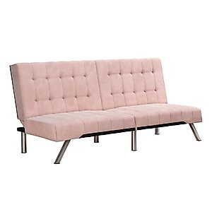 DHP Emily 71 Inch Futon Sofa Bed Fabric, Armless Upholstered Couch Sleeper with Tufted Back and Seat, Mid-Century Modern, Pink Velvet
