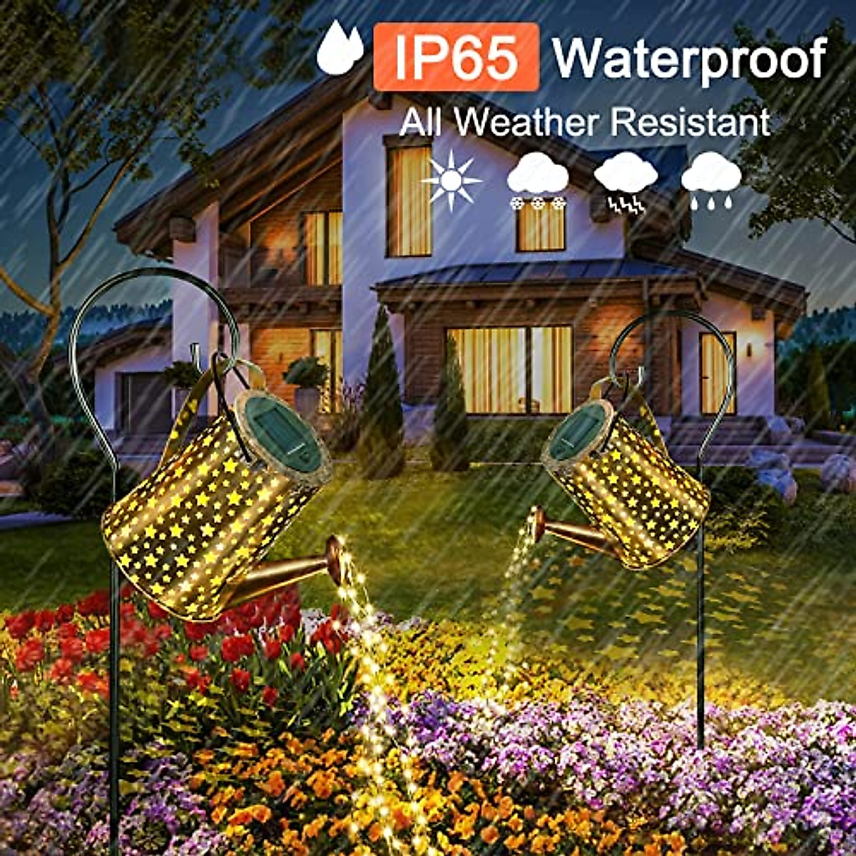 Solar Watering Can with Lights, Outdoor Decorative Garden Light Solar Fairy Lights, Waterproof Metal Retro Star Shower Art Hanging Waterfall Lights for Patio Lawn Yard (with Shepherd Hook)