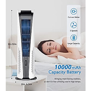 CONBOLA Desk Fan for Bedroom with Cold Air for Home, 16" Battery Operated Bladeless Rechargeable Fan, 10000mAh Small Tower Fan, Quiet Oscillating Portable Fan with 3 Speeds Timer LED Light, Office