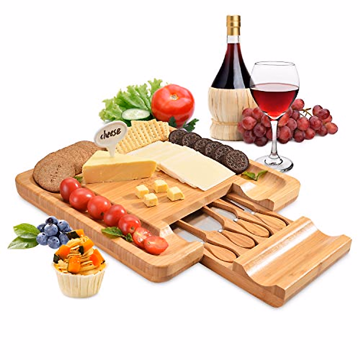 FITNATE Bamboo Cheese Board Set, 13inch Square Charcuterie Board with Cutlery in Slide-Out Drawer Including 4 Stainless Steel Serving Utensils, Gift for Christmas, Birthday, Wedding, Housewarming