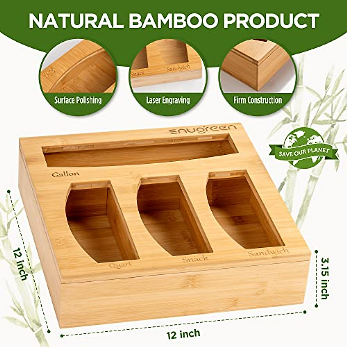 Snugreen Ziplock Bag Organizer, Food Storage Bag Organizer, Plastic Bag Organizer for Drawer, Baggie Dispenser Compatible with Ziploc, Solimo, Glad, Hefty for Gallon, Quart, Sandwich and Snack Bags