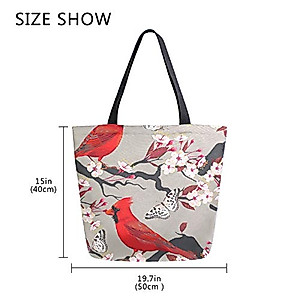 Cardinal And Blooming Cherry Canvas Tote Bag Reusable Grocery Bags Tote Carrying Bag with Handles