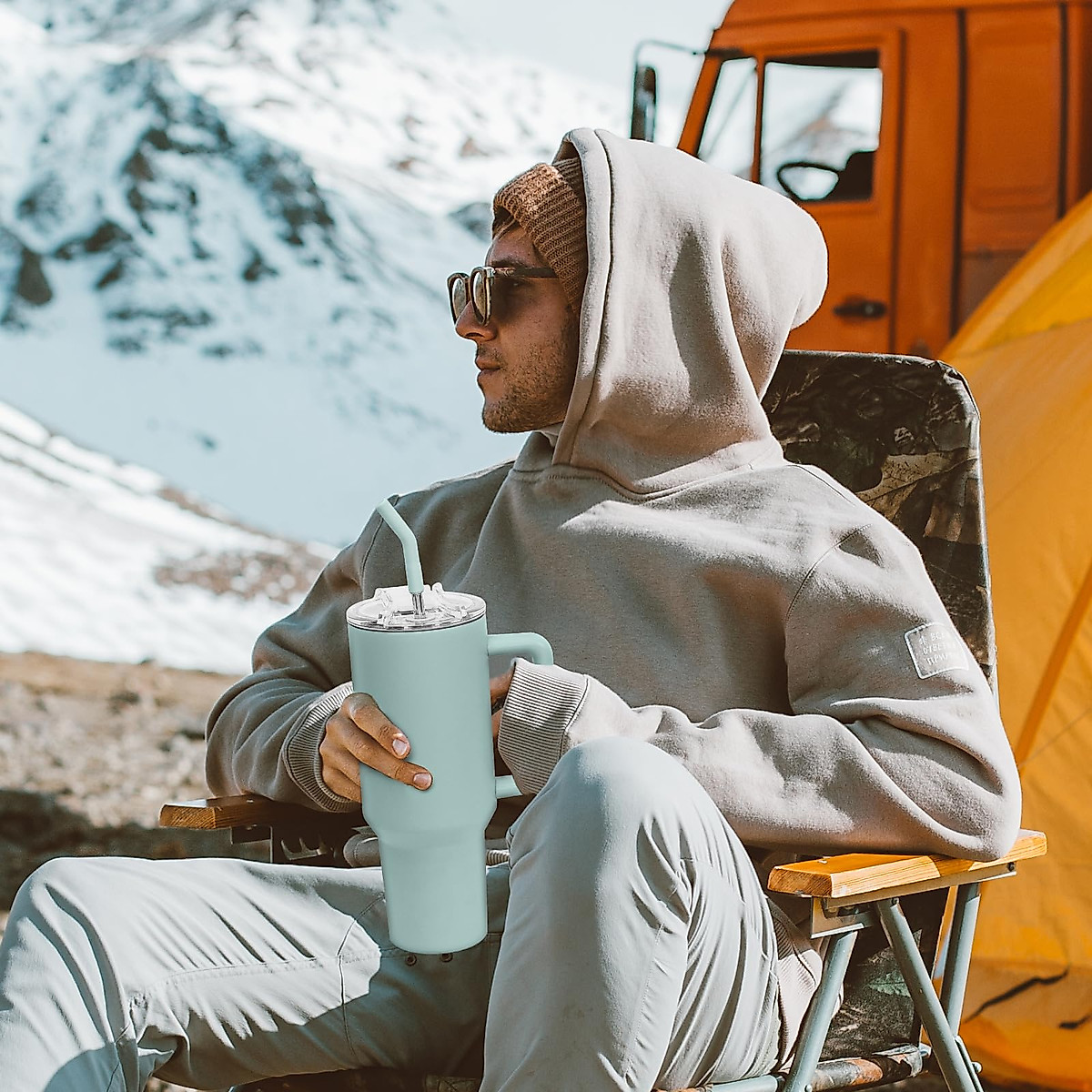 40 oz Tumbler With Handle and 2 Straws 1 Lid, Insulated Tumblers Stainless Steel, Upgraded Leak-Proof Lid For Hot and Cold Insulation Travel Coffee Cup Mug 2024 Upgrade（Green Tint）