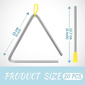 20 Pcs 6 Inch Steel Triangle Instrument Percussion Instrument Musical Instruments Hand Percussion Triangles Rhythm Triangle Instrument with Striker for Kids Adults