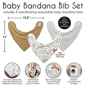 Sweet Jojo Designs Woodland Animal Toile Boy Girl Baby Bandana Bibs Newborn Infant Feeding Drool Blue Grey Green and Brown Gender Neutral Forest Animals Deer Fox 3 Pack Set Absorbent Fabric Bibdanas