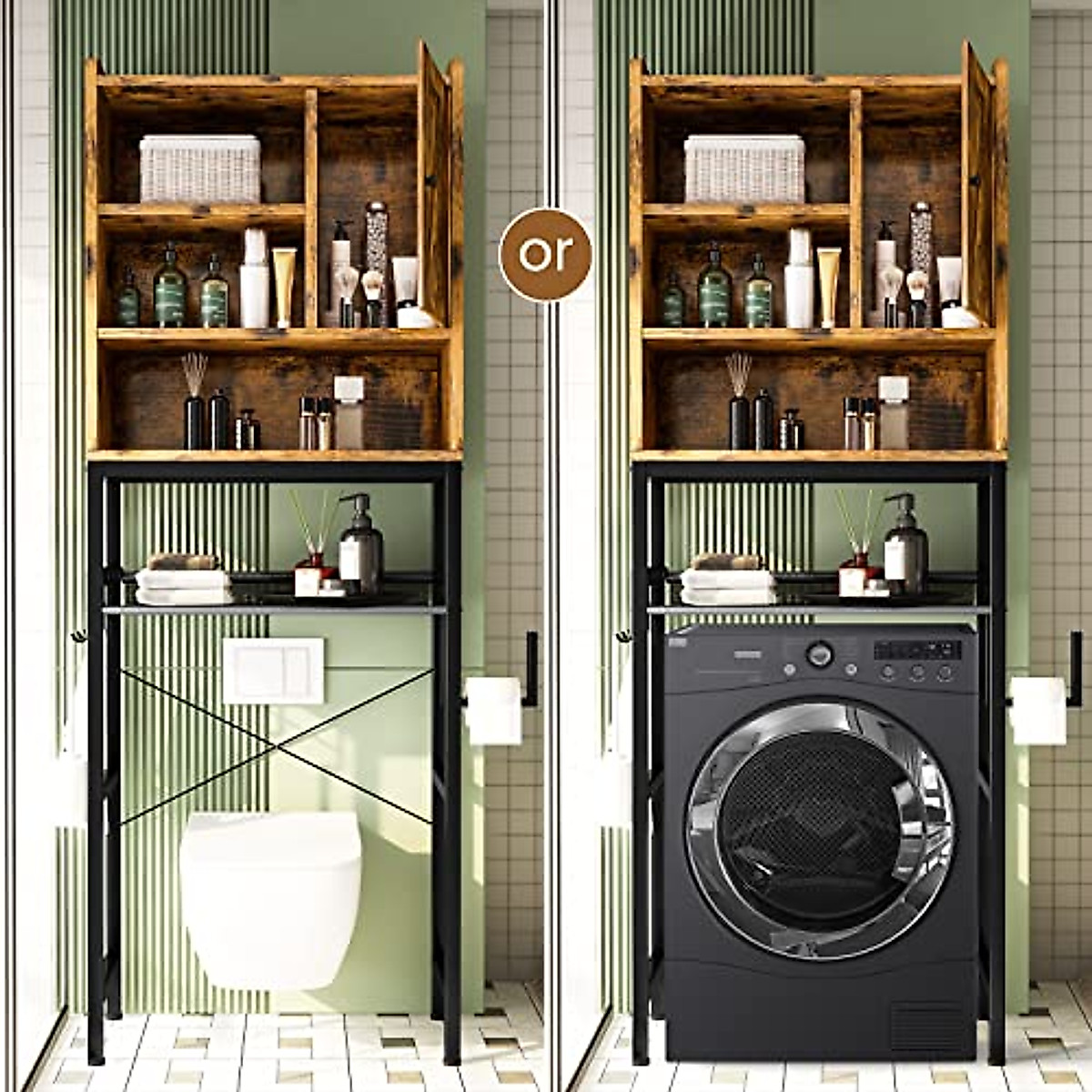 AWQM Over The Toilet Storage Cabinet, Bathroom Cabinet Organizer with Adjustable Shelf, Freestanding Space Saver Toilet Stands with Door, Paper Hook, Multifunctional Bathroom Toilet Rack, Rustic Brown