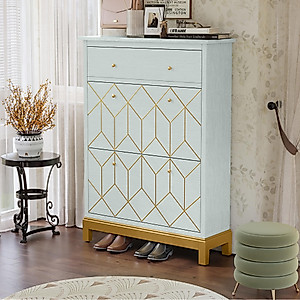 HLR Space Saving Hidden Shoe Cabinet with 2 Flip Doors 1 Drawer, Entryway Shoe Storage Cabinet, Narrow Shoe Rack Cabinet, Freestanding Hidden Shoe Rack Storage Organizer, Green with Gold Legs