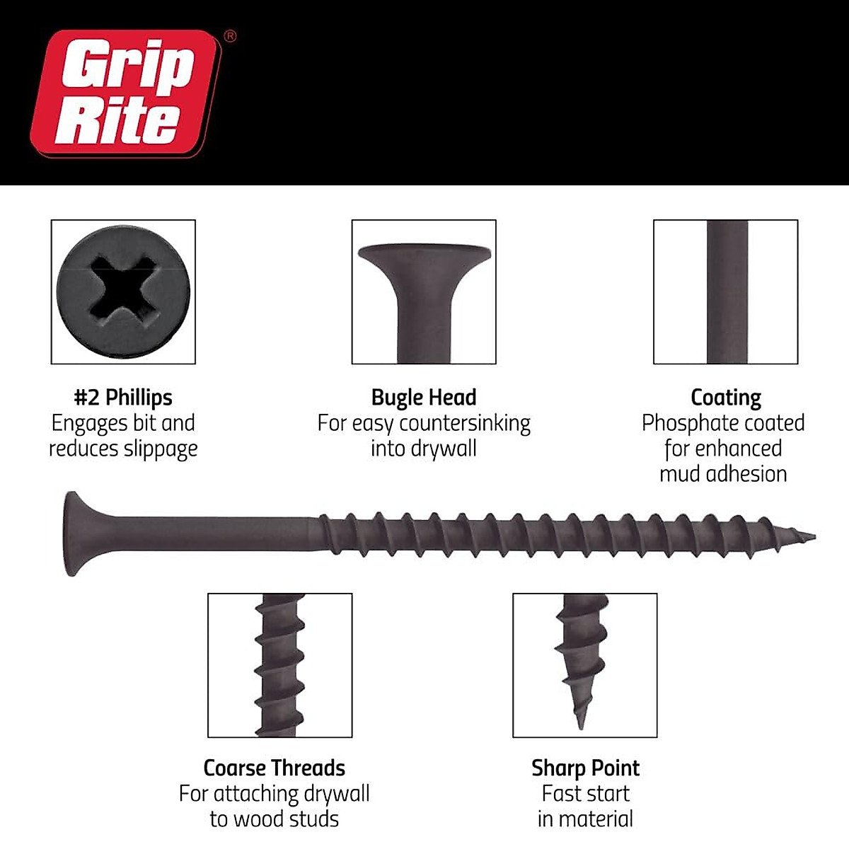 Grip-Rite 2CDWS1#6 X 2 Phillips Bugle Head Coarse Thread Sharp Point Drywall Screw, 1lb Box
