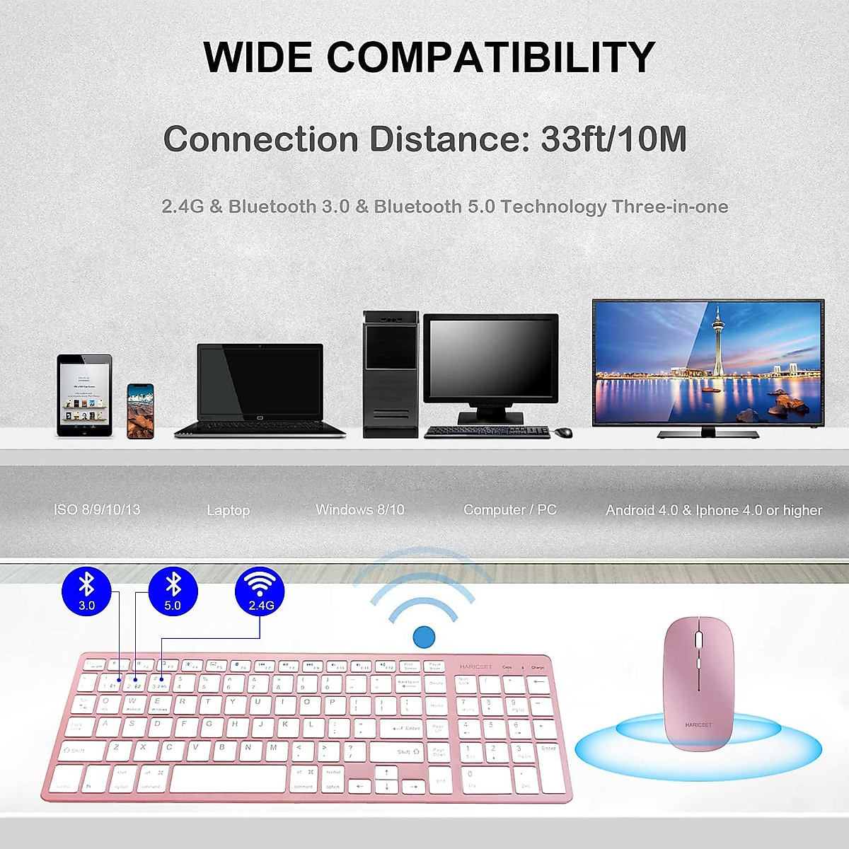 Wireless Keyboard Mouse Combo, Haricset Rechargeable Full-Size Silent Slim Dual-Mode(BT3.0+BT5.0+2.4G) Multi-Device Bluetooth Keyboard Set, 3 Level DPI Mouse,for Windows/Android/Mac OS/iOS (Rose Gold)