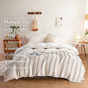 Simple&Opulence Yarn Dyed Striped Cotton Muslin Throw Blanket for Bed, Couch, Knit Woven Blanket with Tassels Soft Lightweight Cozy Pre-Washed Breathable Farmhouse Decoration for All-Season(Grey)