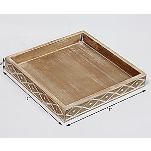 Dugunusu Farmhouse Wood Decorative Tray 12''X12'', Rustic Serving Tray, Tray for Ottoman, Coffee Table, Kitchen Counter, Crafts, Display (Square Brown)
