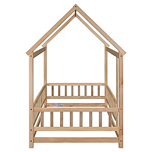 LostCat Twin Size House Bed Frame with Roof and Fence Guardrails, Wooden Floor Bed Frame for Kids, Teens, Adults, Montessori Floor Bed, Easy Assembly, Natural