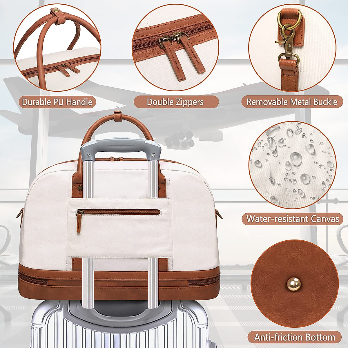 Weekender Bag for Women Canvas Overnight Bag Large Travel Bags for Women Carry on Shoulder Duffle Bag With Shoe Compartment,Perfect for Travel/Daily Use/Birthday Gift (Beige)