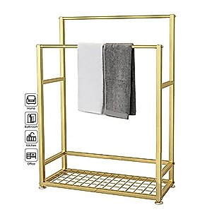 -Shelf Towel Holder Standing for Bathroom,Metal Towel Stand with Shelf,Outdoor Pool Towel Drying Rack,Heavy Duty Bath Accessories Bathroom Balcony Shelves/Gold/70 * 23 * 100Cm