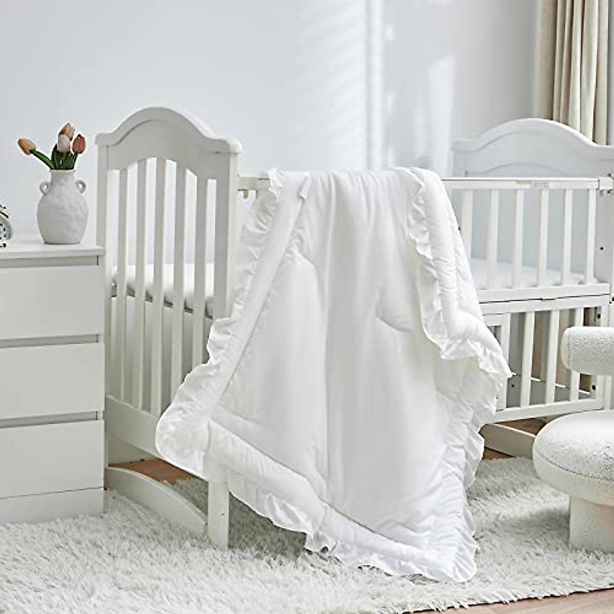 3 Pieces Crib Bedding Set Baby Ruffle Quilted Comforter with Fitted Sheet and Pillow - Cute Ruffled Shabby Chic Bedding Soft Blanket Design White