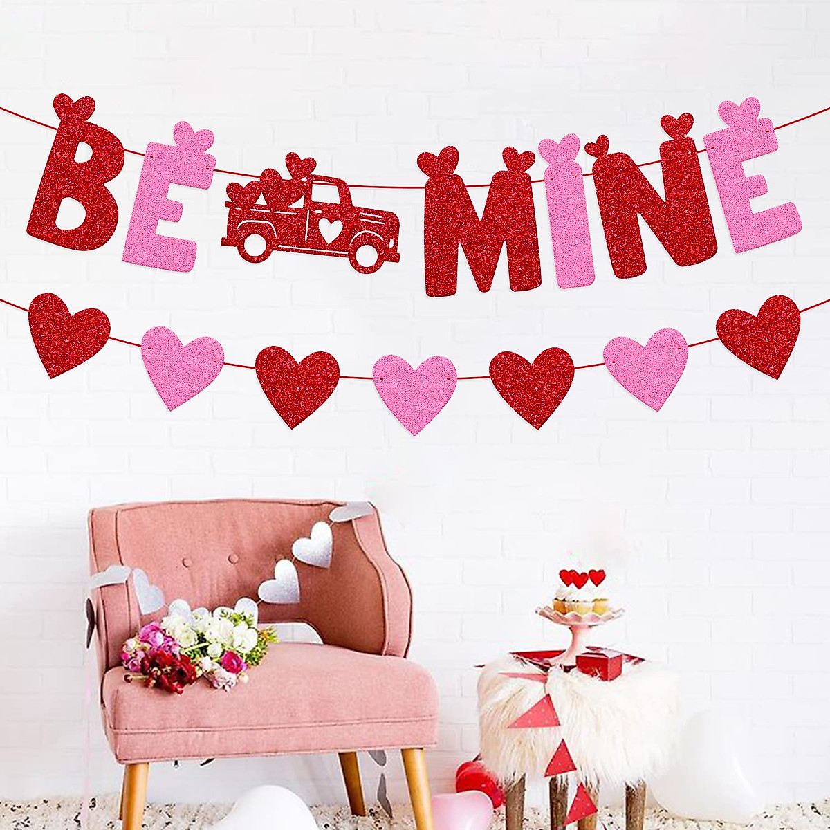 Be Mine Banner Valentine's Day Heart Theme Garland Wedding Anniversary Engagement Romantic Bridal Shower Party Glitter Red and Pink Decorations