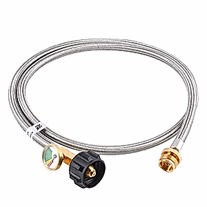 JEASOM 5 FT Propane Adapter Hose with Gauge - 1Lb to 20Lb Propane Conversion for Type1 LP Tank/QCC1,Bulk Portable Appliance and Gas Grill (Stainless Steel Braided Hose)