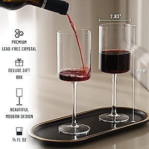 RAVNDOX Square Wine Glasses, WG4 White or Red Wine Glasses Set of 4, 14 Ounce Hand Blown Edge - Modern Flat Bottom - Unique Large Goblets…