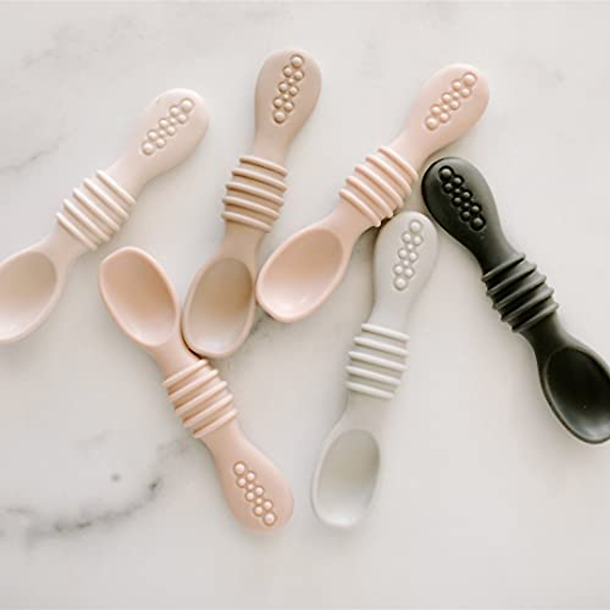 Simka Rose Silicone Baby Spoons - Self Feeding, 6 Months, First Stage Infant Spoons for Babies & Toddlers - Set of 6 BPA Free, Dishwasher, Microwave Safe Food Utensils - Neutral