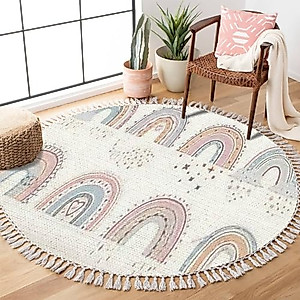DNEWYNPABV Round Boho Rug Scandinavian Cartoon Rainbows with Clouds Flowers and Stars in Pastel Area Linen Carpet Patio Hallway Runner Mat Pad Minimalist Home Decor for Living Room Outdoor, 3 ft