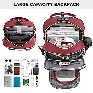 LOVEVOOK Laptop Backpack Purse for Women with 15.6-inch Laptop Compartment, Large Travel Anti-theft Work Bags with Lock, Business Computer College Backpacks, Casual Daypack with USB Port, Wine Red