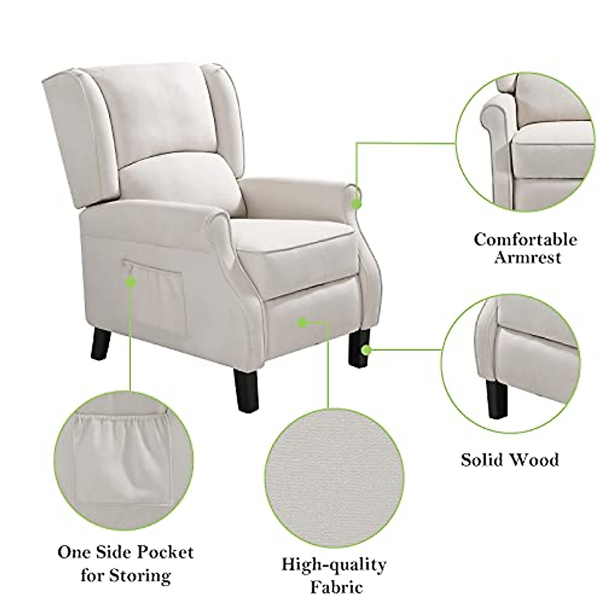 RYONGII Wingback Recliner Chair with Heating and Massage Tufted Fabric Recliner Sofa Furniture,Thick Seat Cushion and Backrest Modern Living Room and Bedroom (Ivory)