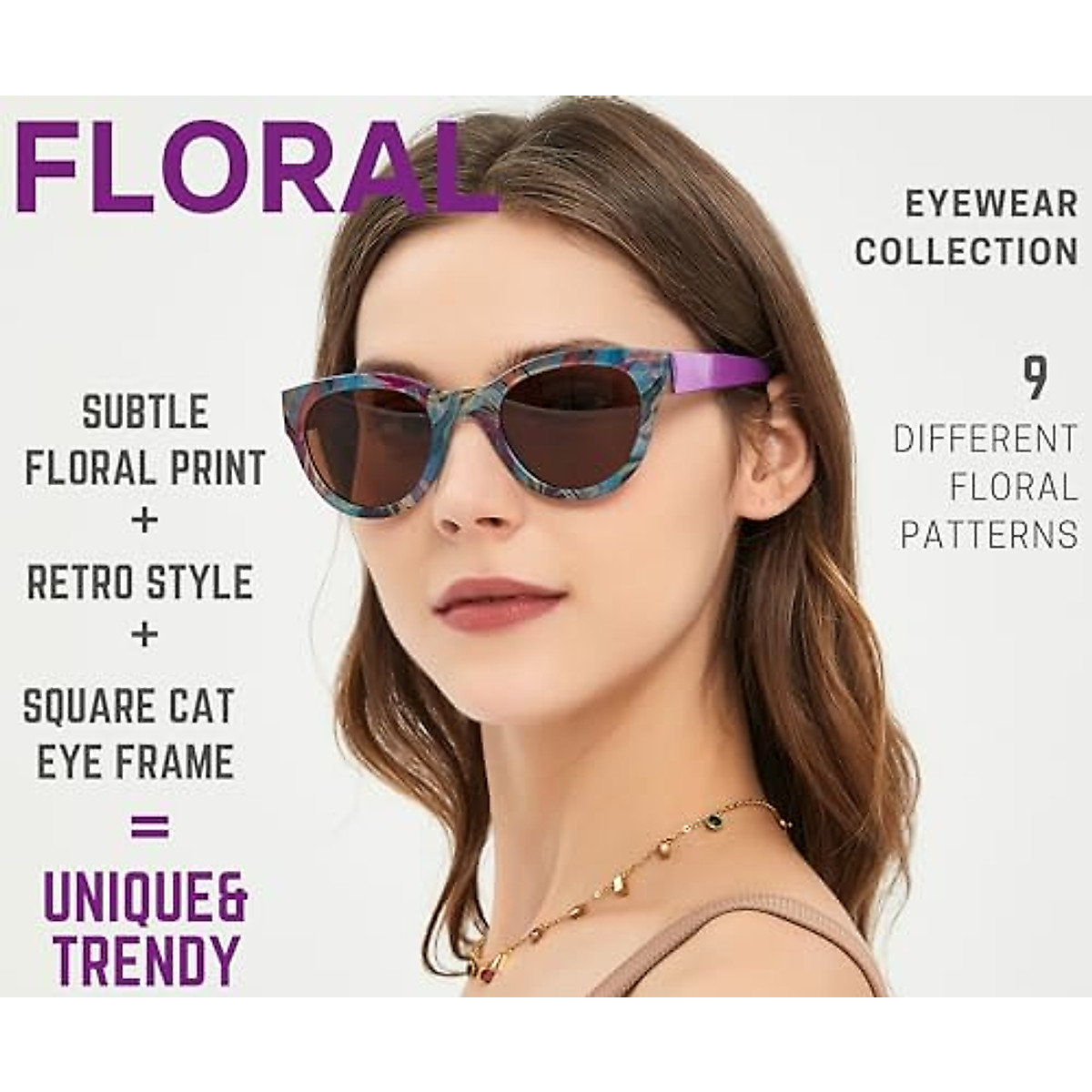 Leafael Sunglasses Womens Trendy Retro Purple Floral Designs | Polarized Lens UV Protection | Round Cat Eye Frame | Casual & Active
