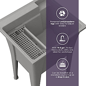 Utility Sink with One-Handle Matte Black Plastic Faucet – Polypropylene Laundry Sink, Grey Garage Sink, Indoor & Outdoor Use – Complete Sink Set by Noah William Home (24” X 22” X 34” 19.5 Gallons)