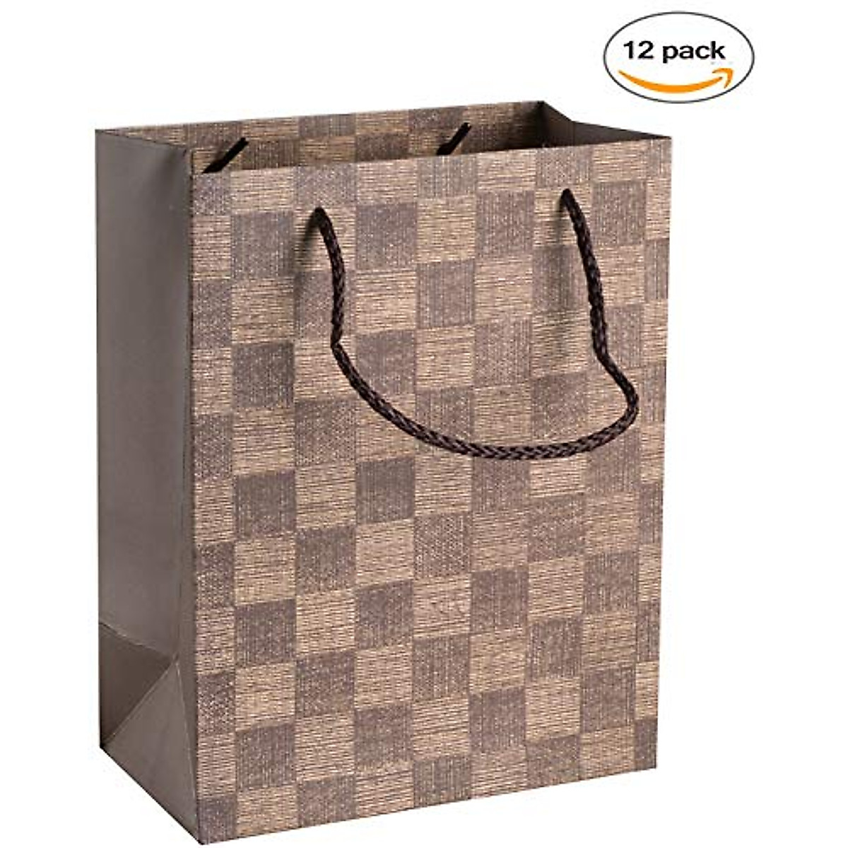 Checkered Gift Bags Set (12 Pack)- 9”x 7”x 4” Unique Design with Durable Ribbon Handles, Beautiful Present Bags Best for Birthday, Wedding and Party Favors (Brown)