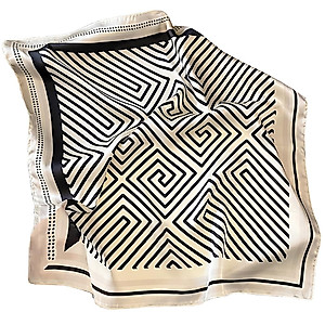 JERLA 100% Pure Mulberry Silk Square Scarf for Hair-26''x26'' Women Men Natural Silk Neckerchief Headscarf (Cream white and black geometry stripe)