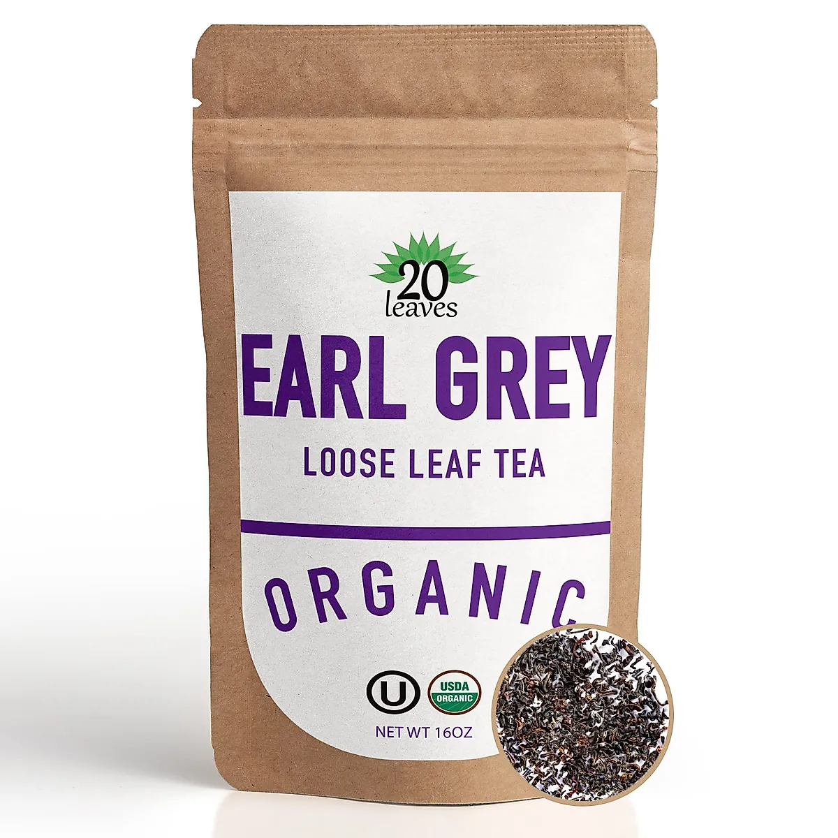 Earl Grey Loose Leaf Black Tea - 100% Certified Organic - 1LB Pouch - 16OZ Resealable Bag - 1 Pack