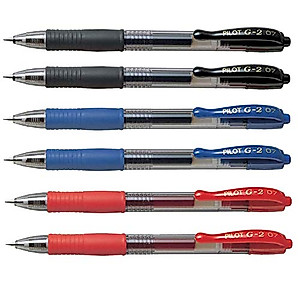 Pilot G2 pens retractable Gel Roller ballpoint 07 Fine point Black, Blue & Red Bundle (6)