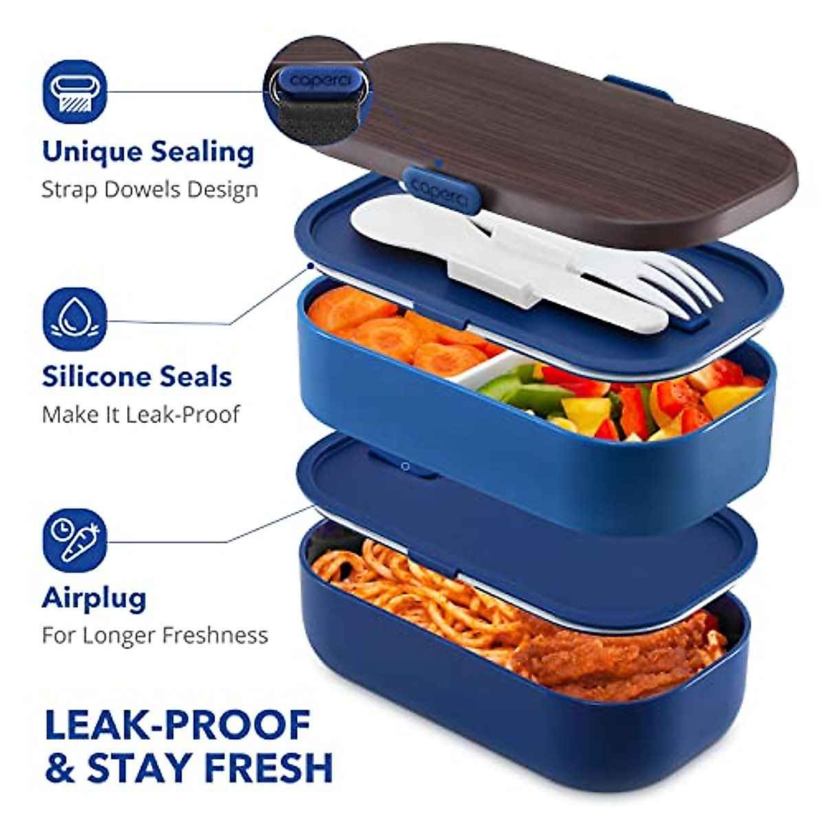 Caperci Modern Bento Box Adult Lunch Box - 2 Layers Stackable Leak-proof Lunch Container for Adults & Older Kids, Original Sealing Strap, Built-in Divider & Utensil Set, BPA Free (Navy Blue)