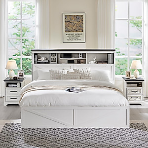ACCOHOHO King Size Wood Bed Frame Farmhouse with 52" Tall Storage Bookcase Headboard, LED Light,Charging Station,4 Drawers and Solid Wood Slats Support,Noiseless,No Box Spring Needed- Luxury White