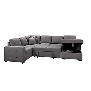 123" U-Shaped Polyester Sectional Sofa with Pull Out Sleeper Couch Bed & Storage Chaise, Oversized Functional Sofa & Couch Convertible Sofabed w/4 Pillows for Home Apartment Living Room Furniture Set
