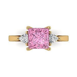 Clara Pucci 2.3ct Princess cut 3 stone Solitaire Pink Simulated Diamond Proposal Designer Wedding Anniversary Bridal Ring 14k Yellow Gold