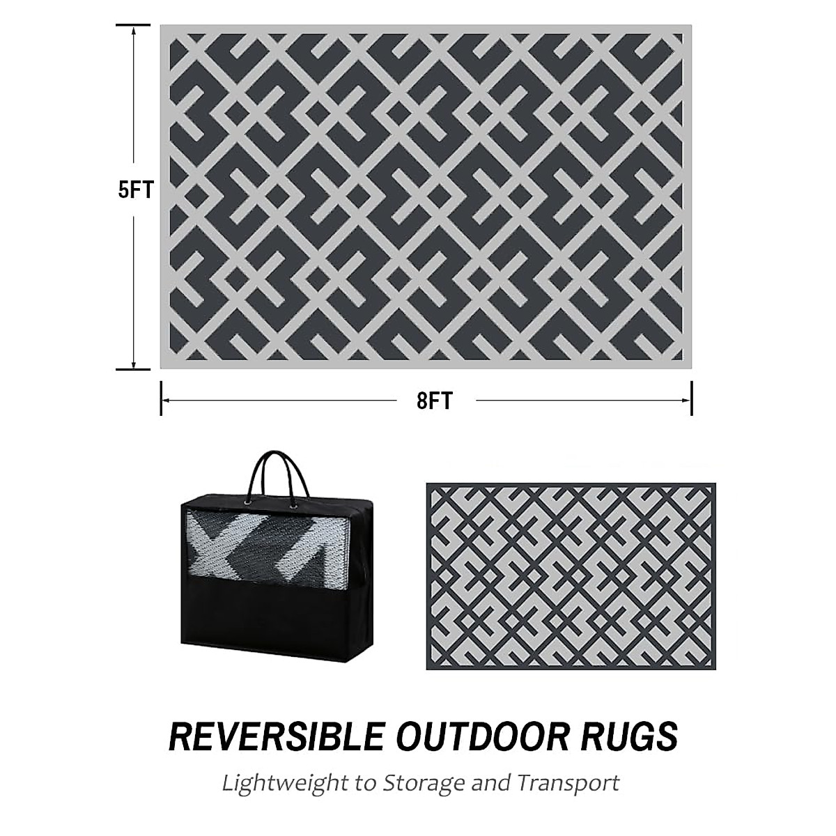 GEUOYEE Reversible Mats - Outdoor Rugs for Patio Clearance, 5'x8' Plastic Straw Rug Waterproof, Outside Indoor Outdoor Area Rug for RV, Backyard, Deck, Picnic, Beach, Trailer, Camping (Grey)