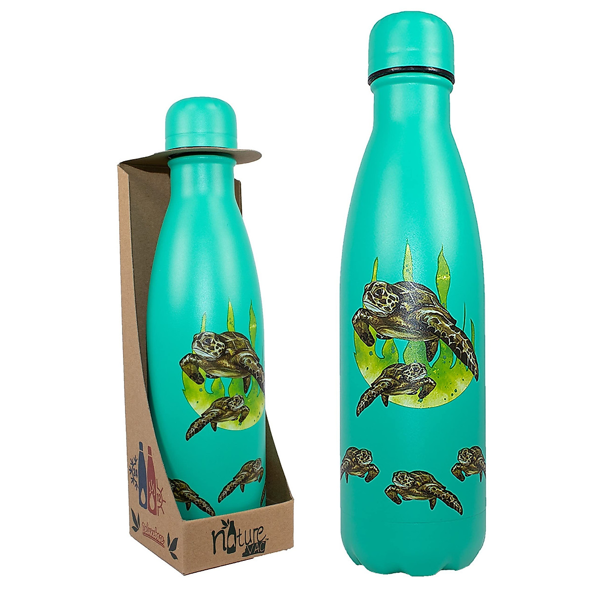 NatureVac Sea Turtle - Stainless Steel Thermal Insulated 17 oz Water Bottle - Drink Stays Hot for 12 Hours and Cold for 24 Hrs Leakproof Vacuum Flask Water Bottle for Gym, Travel, Sports, School