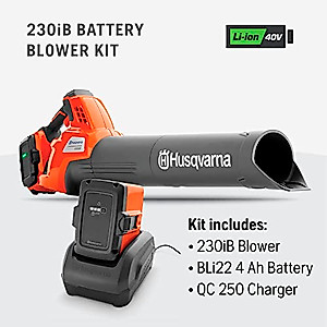Husqvarna 230iB Battery Powered Cordless Leaf Blower, 136-MPH 650-CFM Electric Leaf Blower with Brushless Motor and Quiet Operation, 40V Lithium-Ion Battery and Charger Included