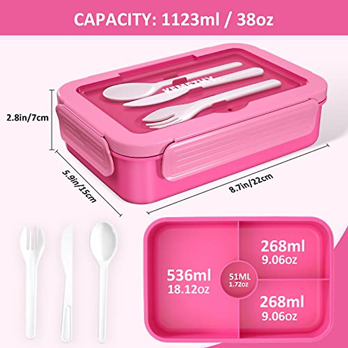 Bento Lunch Box for Kids, 4 Compartment Lunch Boxes Kids, Cutlery Storage Built-in Utensil Set, Leak-proof, Thicken, Microwave/Dishwasher/Freezer Safe, BPA-Free, Pink