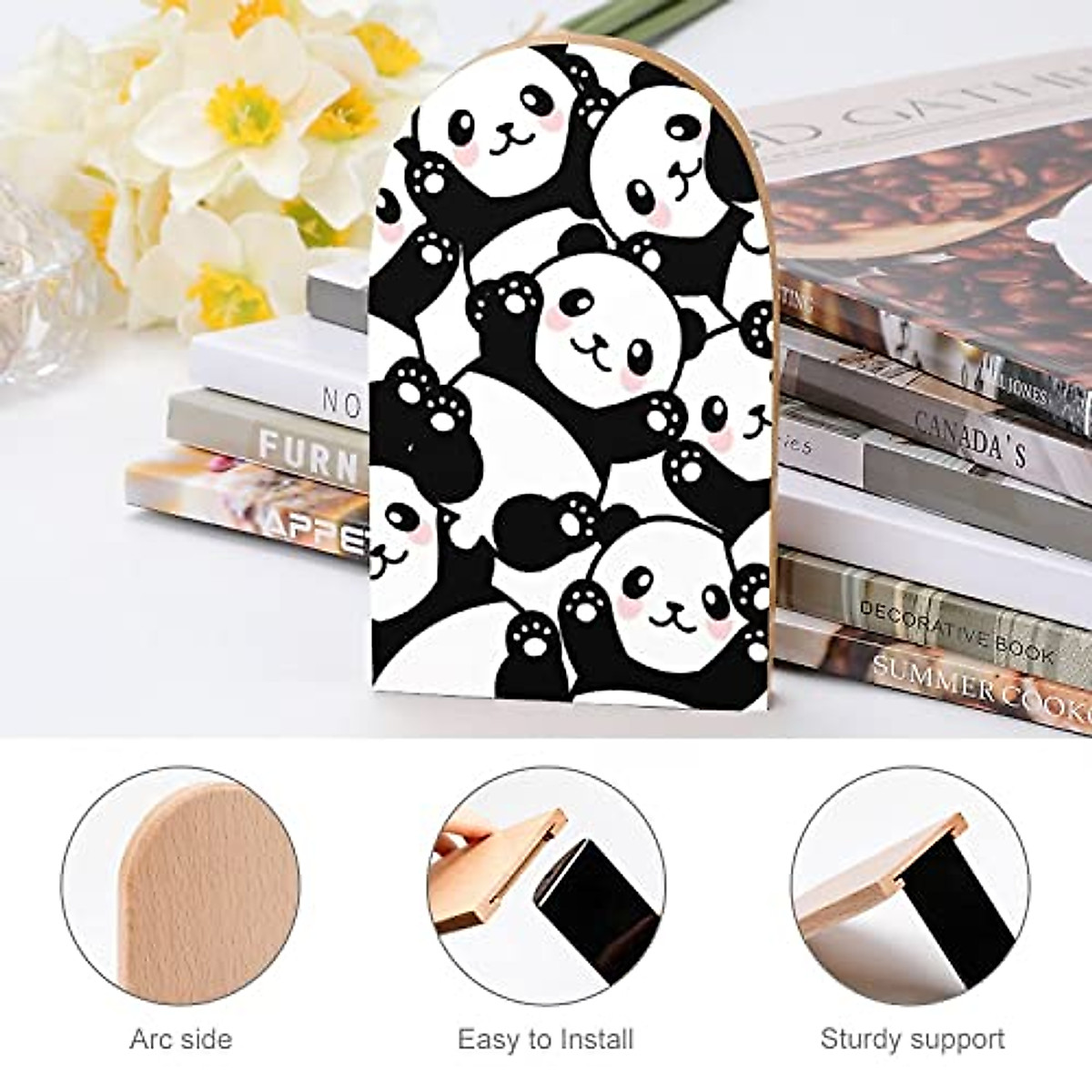 Cute Pandas Wood Book Ends for Shelves Non-Skid Bookend Book Stand Book Holder Stopper for Home Office School