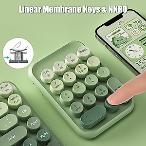 TISHLED Typewriter Style Number Keypad Wireless 2.4G/Bluetooth/USB-C Wired Rechargeable Numeric Pad Linear Membrane Switch 18-Key NKRO Retro Round Keycaps Portable for Multi-Device, Matcha Green