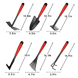 FLORA GUARD 6 Piece Garden Tool Sets - Including Trowel,5-Teeth rake,9-Teeth Leaf rake,Double Hoe 3 prongs, Cultivator, Weeder, Gardening Hand Tools with High Carbon Steel Heads