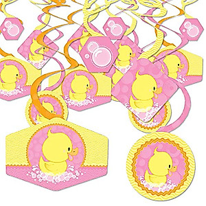 Big Dot of Happiness Pink Ducky Duck - Baby Shower or Birthday Party Hanging Decor - Party Decoration Swirls - Set of 40