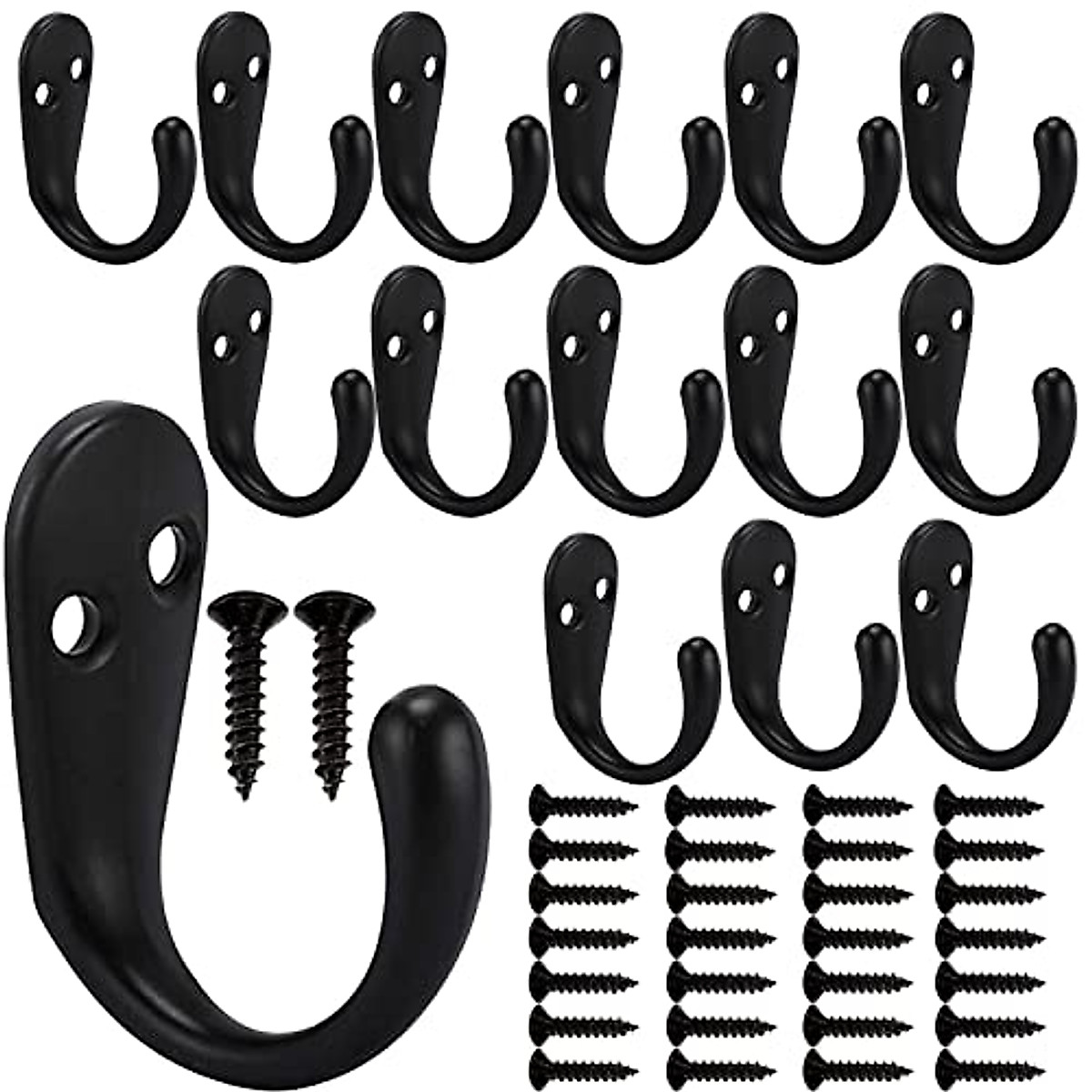 SOEAEODG 15 Pieces Wall Mounted Coat Hook Robe Hook Flat Black Towel Holder for Bathroom, Bathroom Accessories and 30Pieces Screws for Bath Kitchen Garage Single Coat Hanger (Black Color)