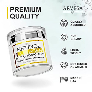 Retinol Cream for Face - Facial Moisturizer with Collagen Cream and Hyaluronic Acid - Anti Aging Face Cream - Day and Night Face Lotion for Women and Men - Hydrating Wrinkle Cream for Face - All Skin Types