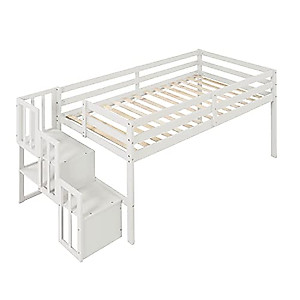 HABUHOME Low Loft Bed with Staircase,Twin Size Kids Loft Bed with Step Storage,Wood Loft Bed Frame Twin with Safety Guardrails for Girls, Boys,White